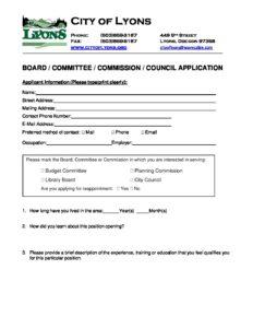 APPLICATION FORM FOR COMMITTEES - City of Lyons